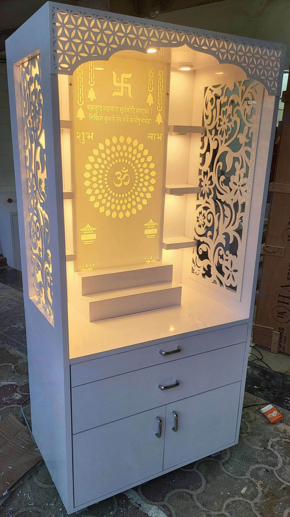 Acrylic home mandir with shelves 5.5feet design – Satguru Creations ...